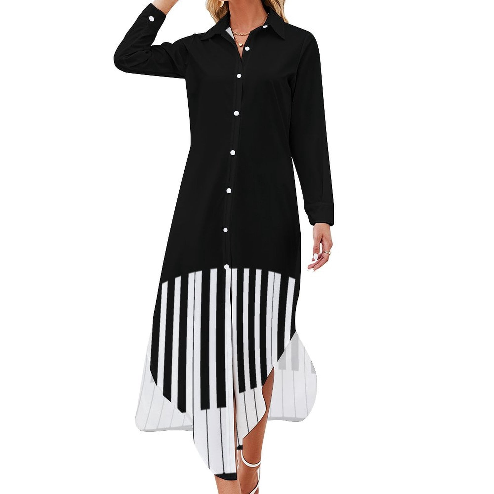 Cool Piano Keyboard Shirt Dress Long Sleeve Street Fashion V Neck ...