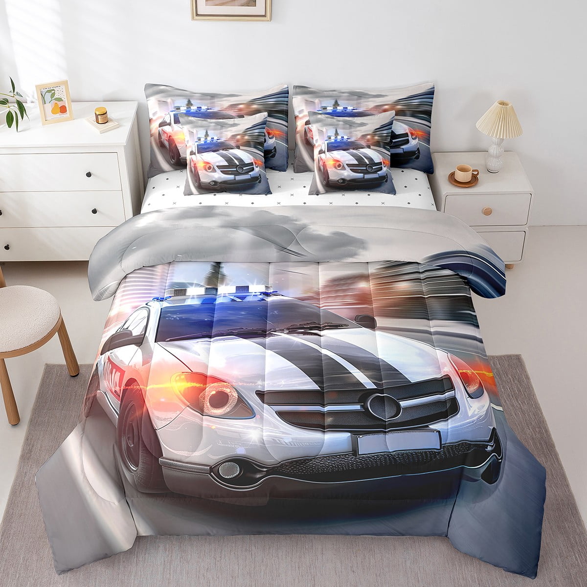 Cool Police Car Full Comforter Set 7 Piece,Speed Policeman Vehicle Bed ...