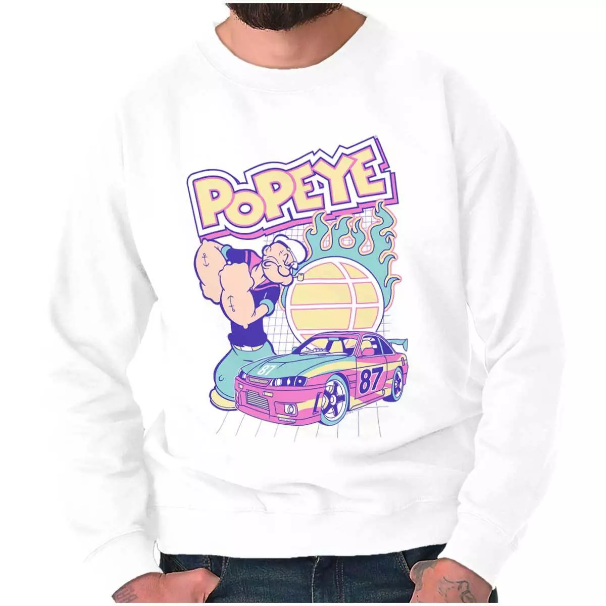 Cool Popeye the Sailor Man Flaming Racecar Womens or Mens Crewneck ...