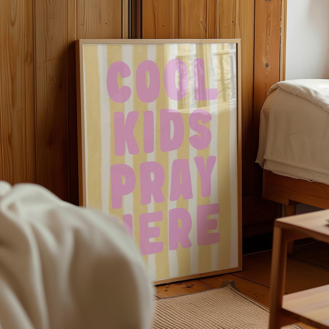 Cool Pray Here Bold Modern Aesthetic Christian Art Yellow Pink Unframed ...