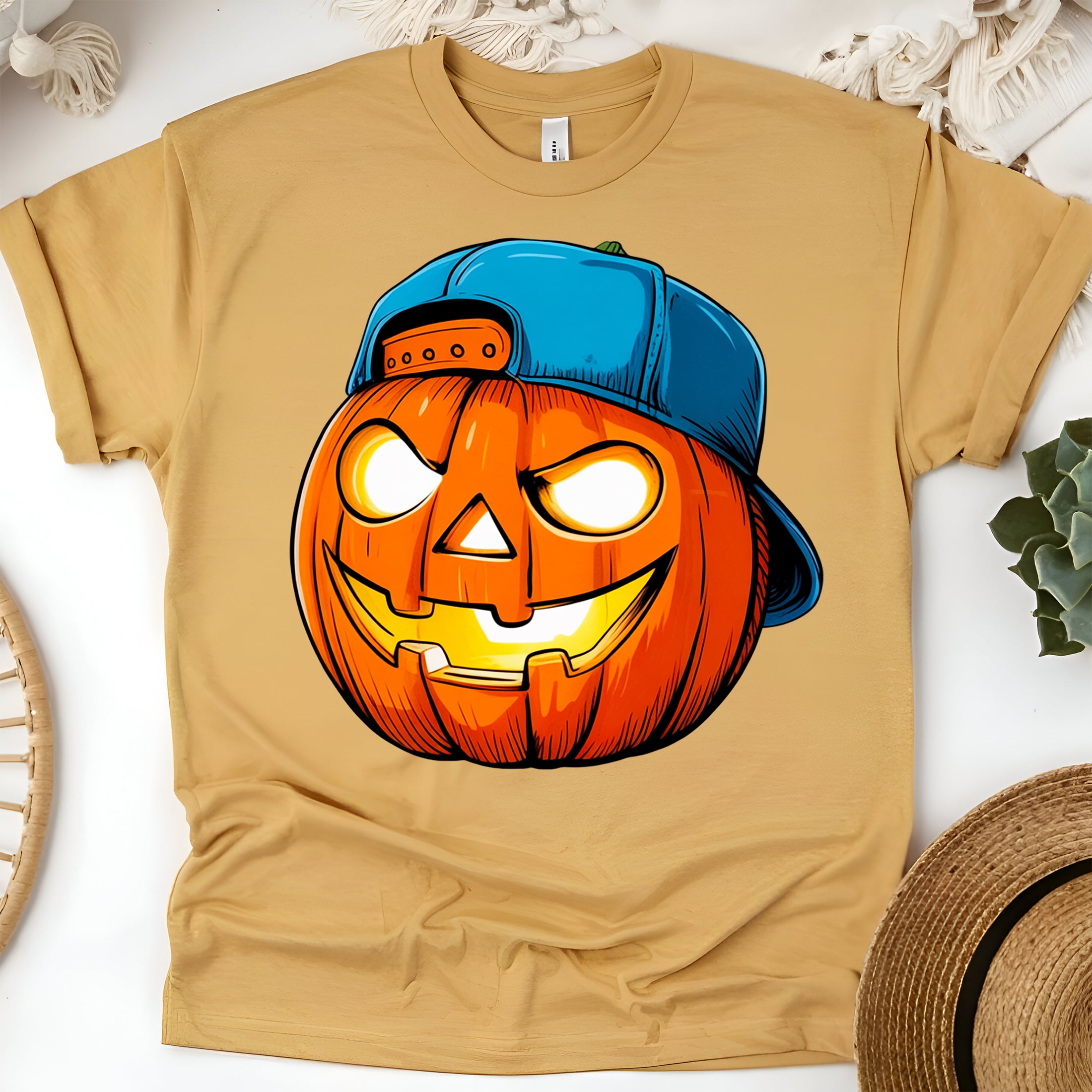 Cool Pumpkin Face T-Shirt with Backward Cap, Funny Unisex Fall Graphic Tee , Gold, Size 3XL ...