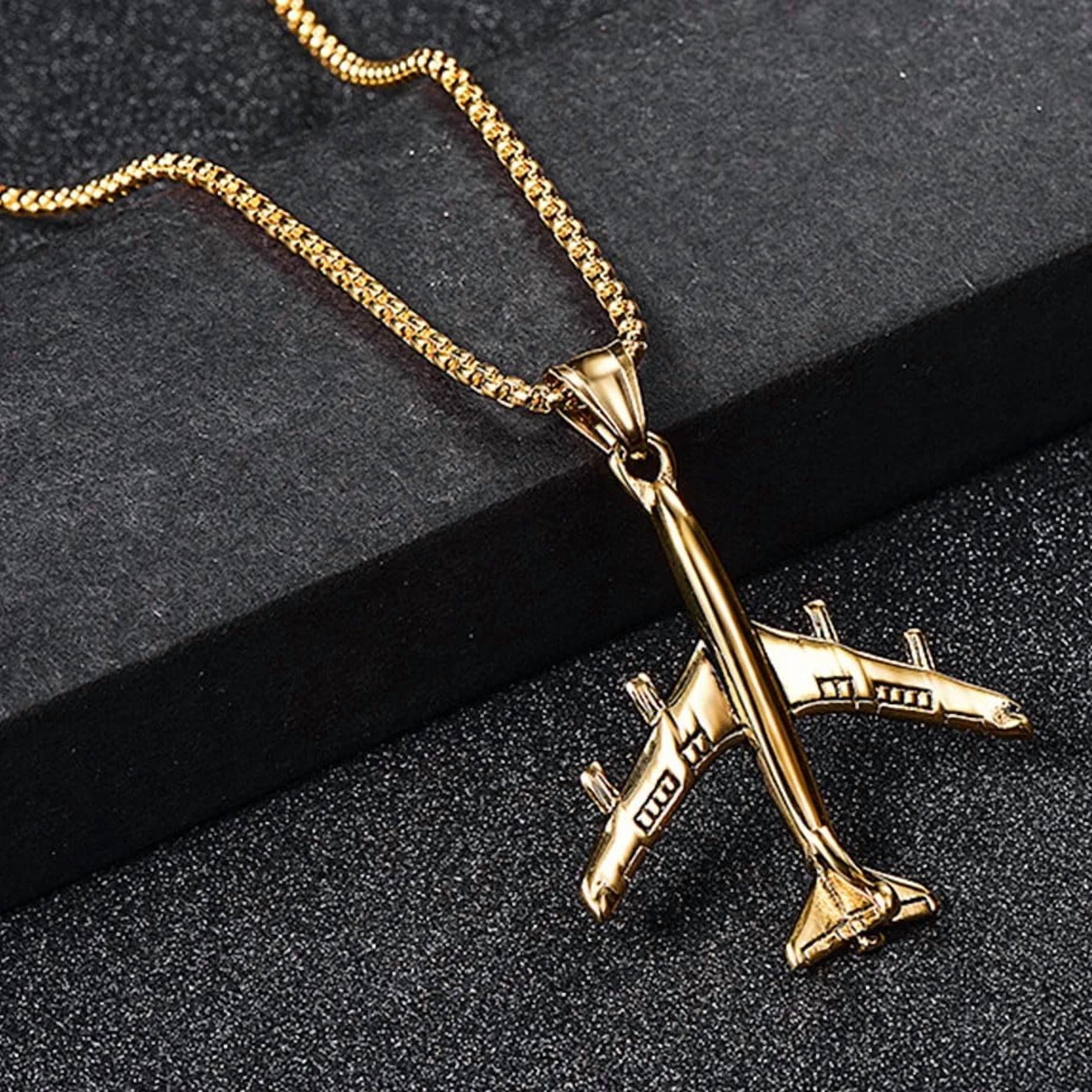 Cool Punk Aircraft & Airplane Pendant Necklaces Male 14K Yellow Gold ...
