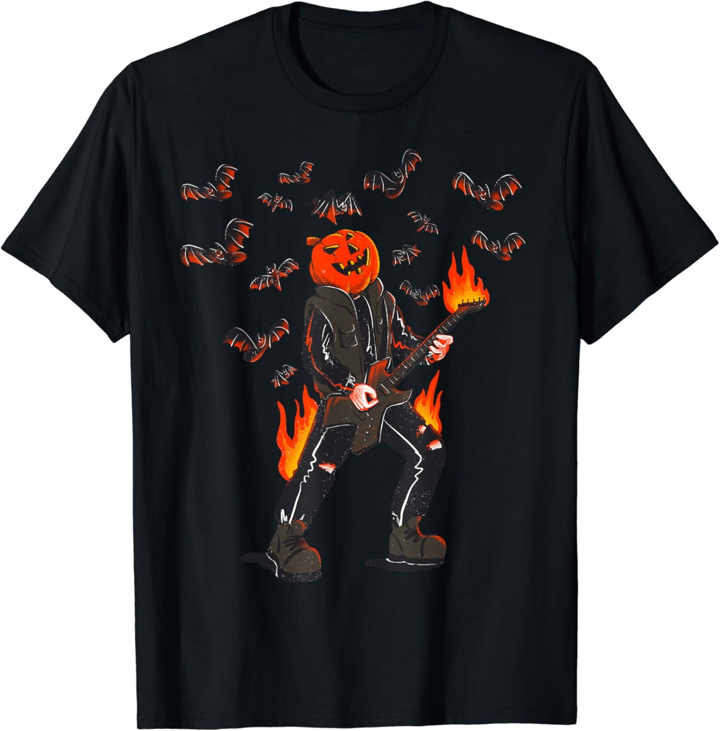 Cool Punk Rocker Pumpkin Head Playing Guitar Flying Bats T-Shirt ...