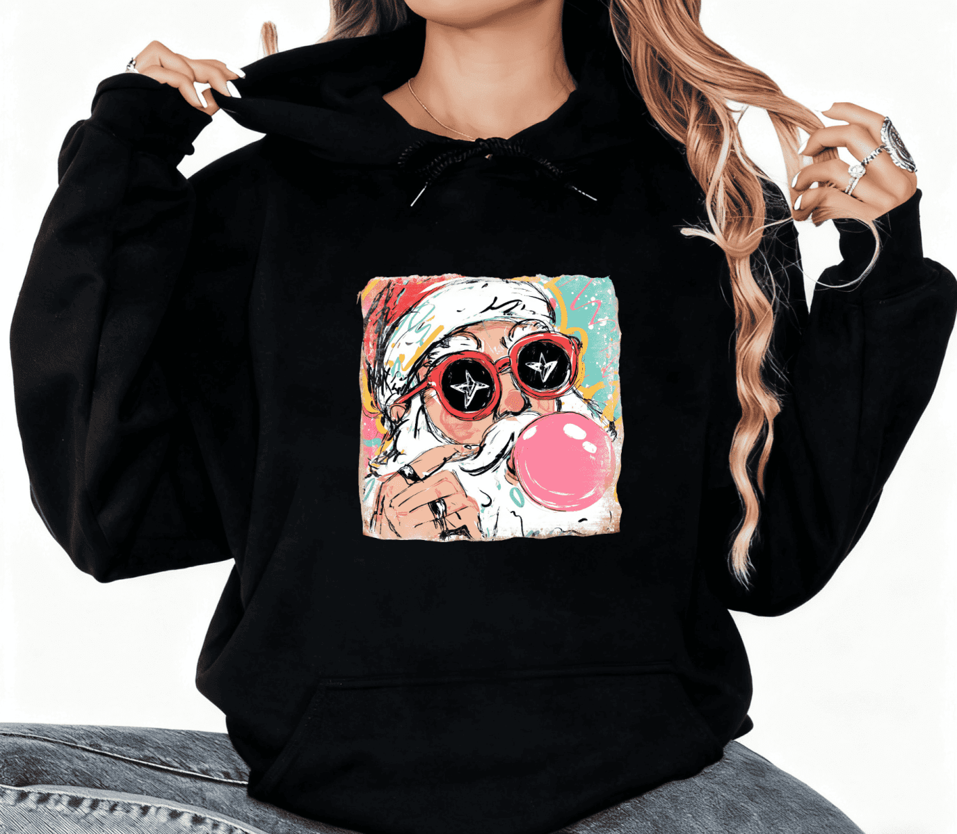 Cool Rebel Santa Graphic Sweatshirt Ugly Christmas Print Hoodie Black S ...