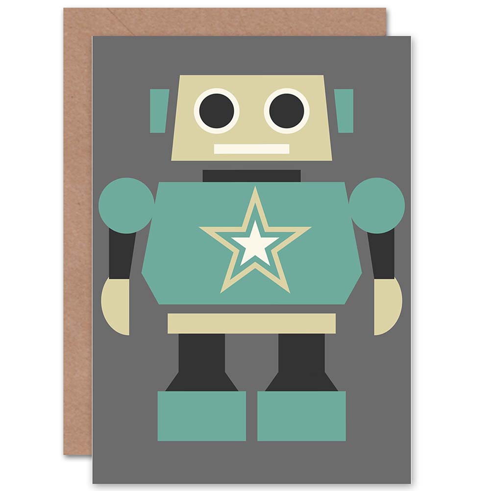 Cool Retro Robot Children Kids Green Greetings Card Plus Envelope Blank ...