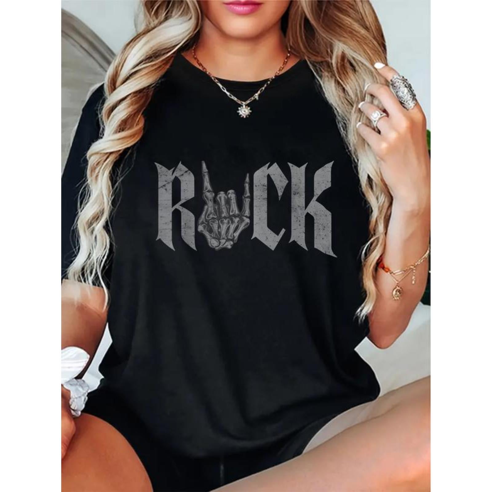 Cool Rock Music Graphic Tee, Tops Has "ROCK" (with Skeleton Hand ...