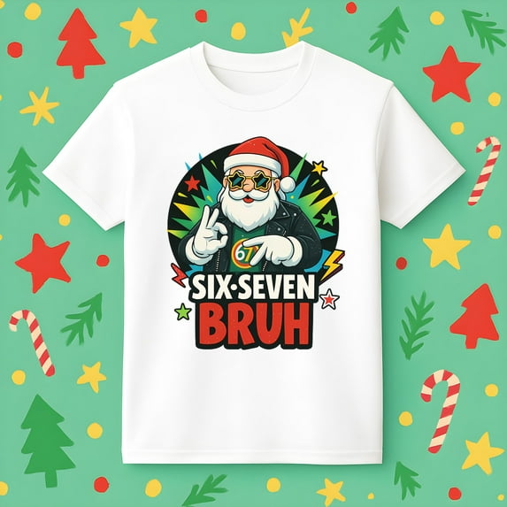 Cool Santa ‘Six Seven Bruh’ Graphic Tee, Festive Xmas Streetwear Santa Print Holiday Outfit ...