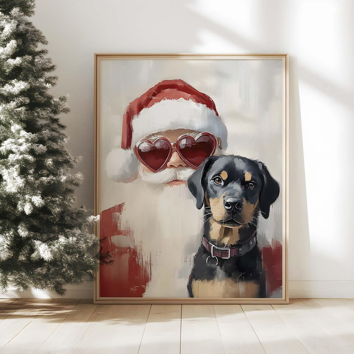 Cool Santa With His Rottweiler Wall Art Print, Heart Sunglasses Winter ...