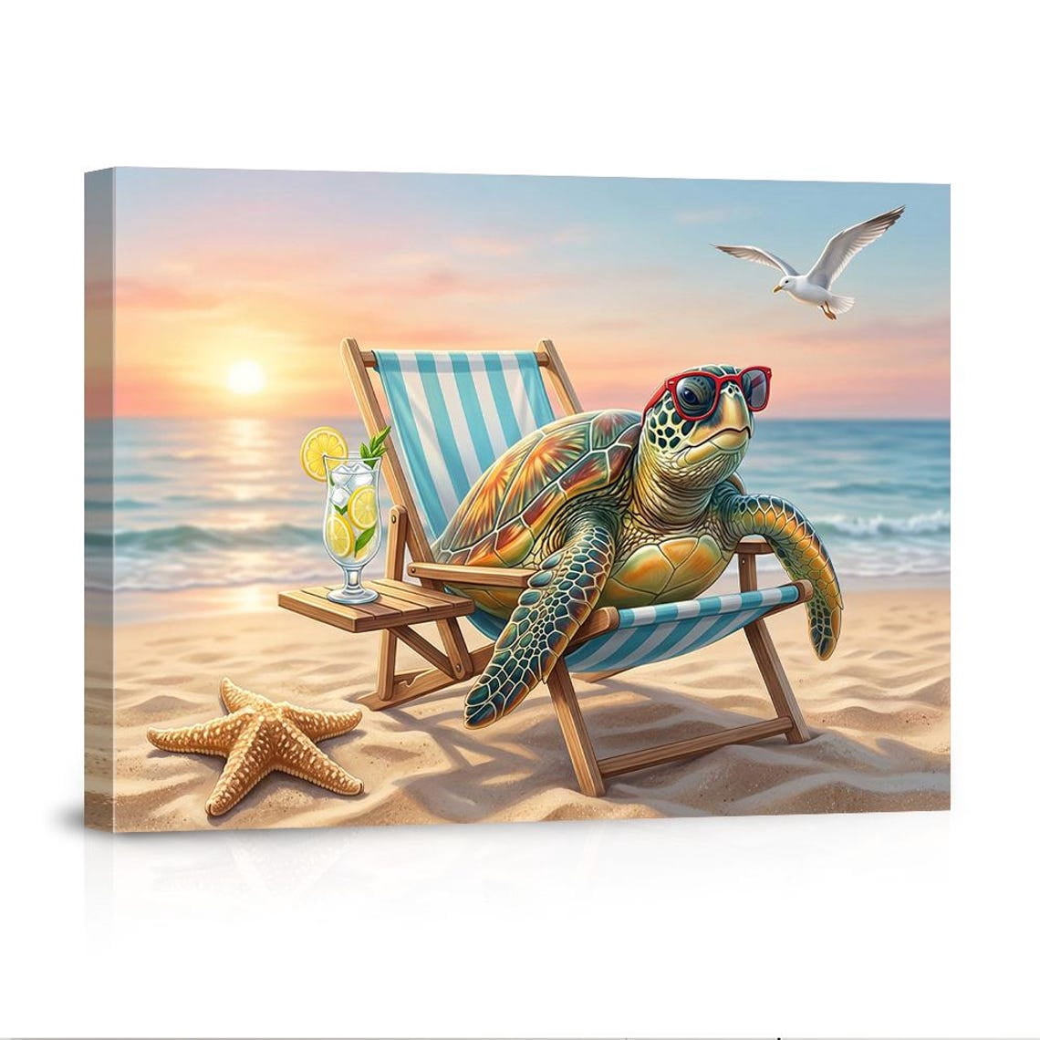 Cool Sea Turtle Relaxing On Beach Chair Tropical Sunset Coastal For ...