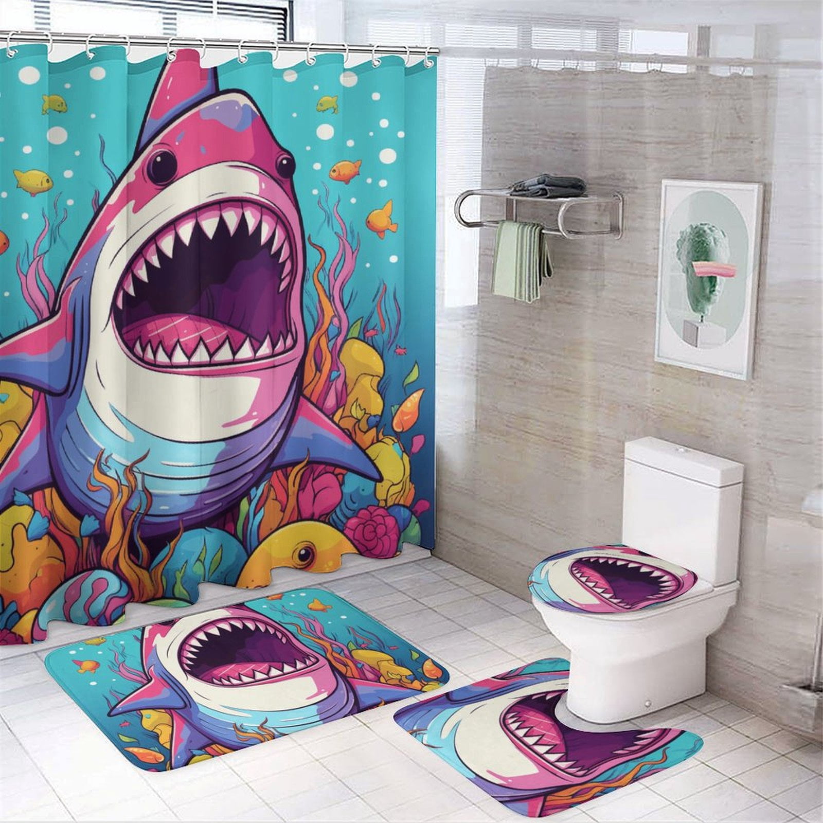 Cool Shark 4 Pcs Shower Curtain Set with Rug Bathroom Sets with ...