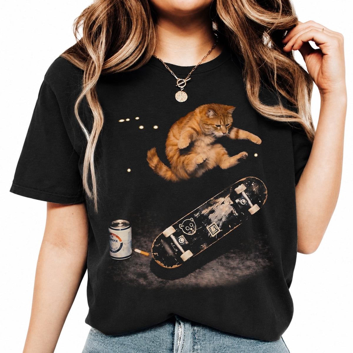 Cool Skateboarding Cat Funny Graphic Casual T-Shirt for Men and Women ...