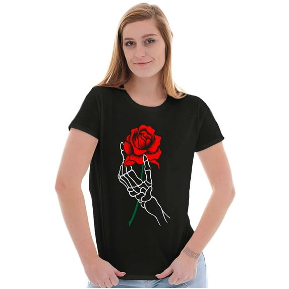 Cool Skeleton Hand Holding a Rose Womens Slim Fit Graphic Tee Brisco ...