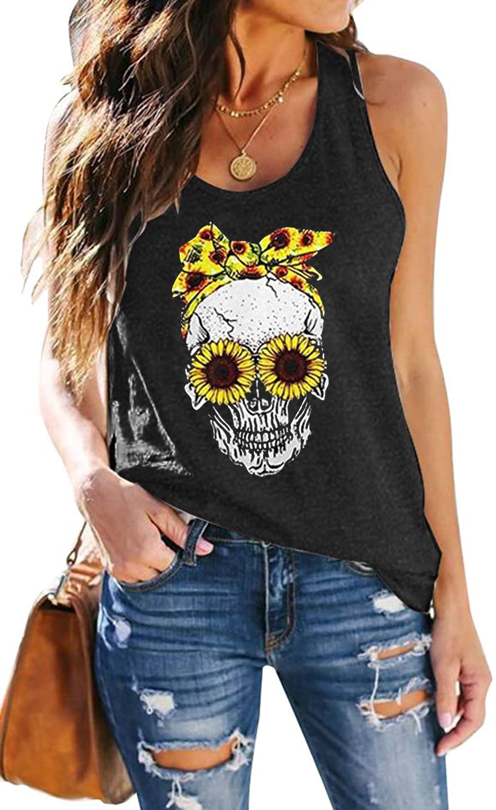 Cool Skull Tank Tops Women Sleeveless Sunflower Tee Shirts Skull Shirt ...