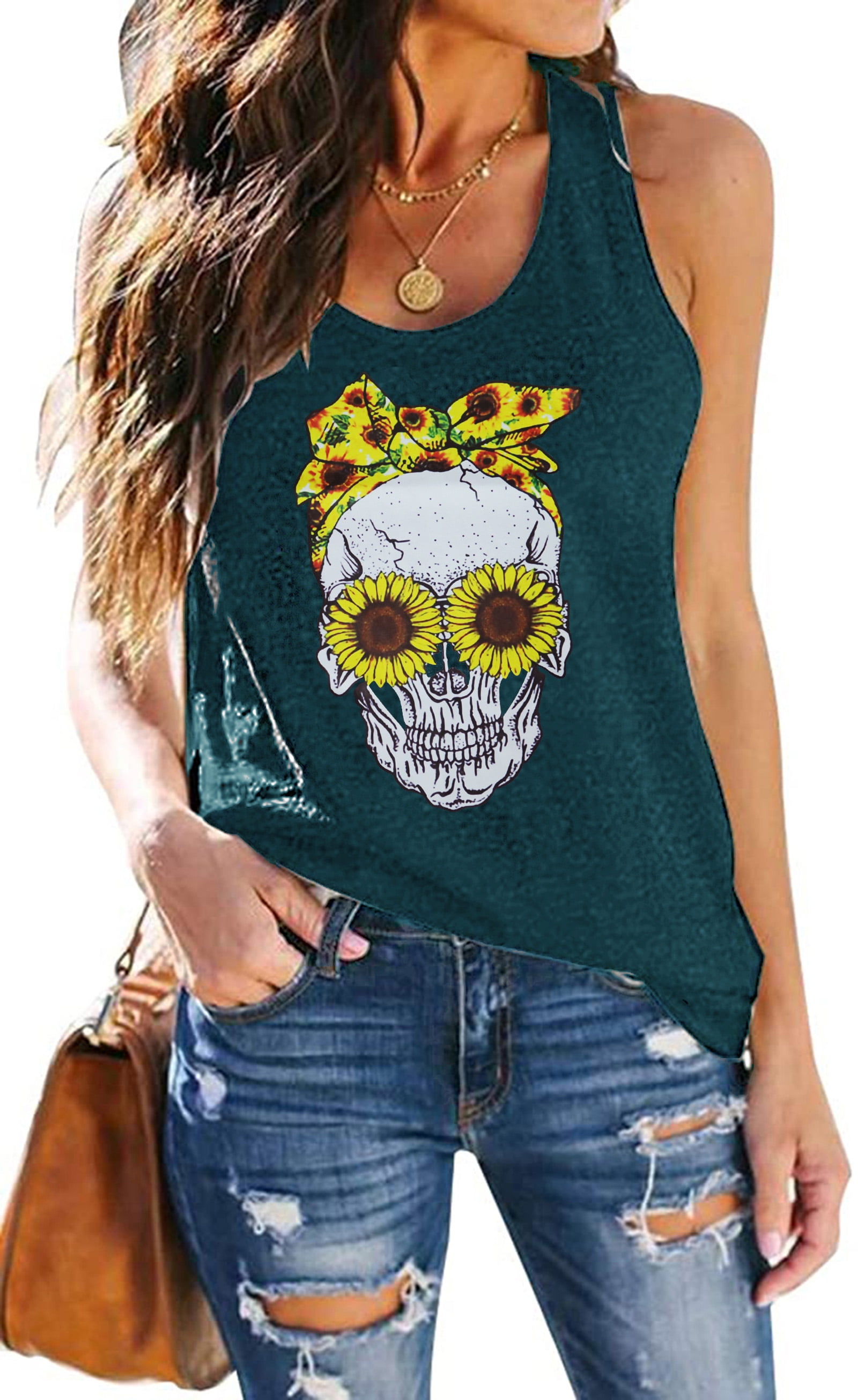 Cool Skull Tank Tops Women Sleeveless Sunflower Tee Shirts Skull Shirt ...