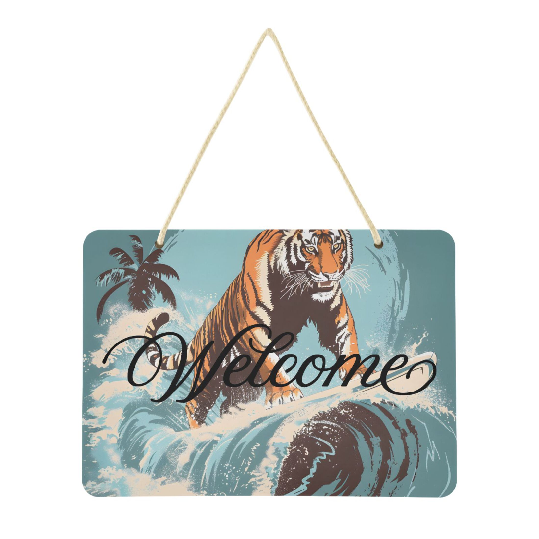 Cool Surfing Tiger Welcome Sign Front Door PVC 14x10 inch Hanger Hello ...