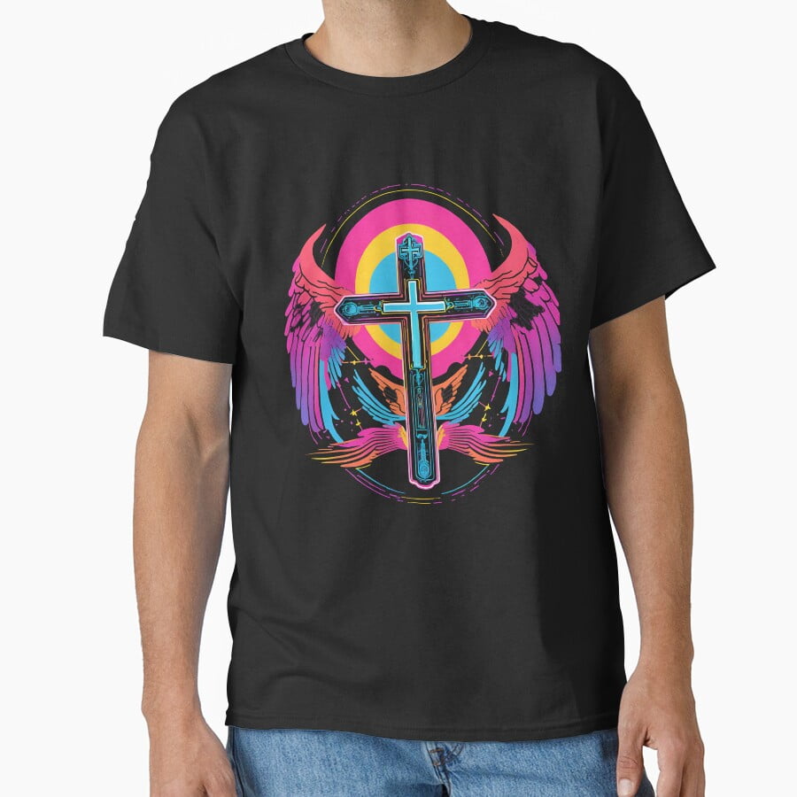 Cool Surrealist Cross with Wings Vibrant Synthwave Religious Design D4 ...