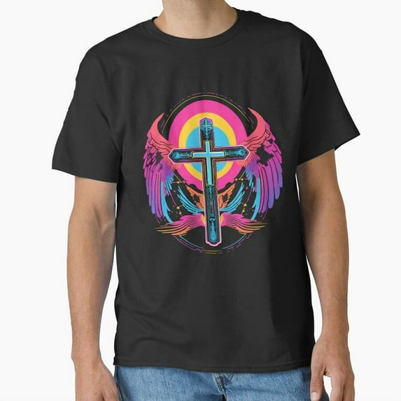 Cool Surrealist Cross with Wings Vibrant Synthwave Religious Design D4 Unisex T-Shirt, up to ...