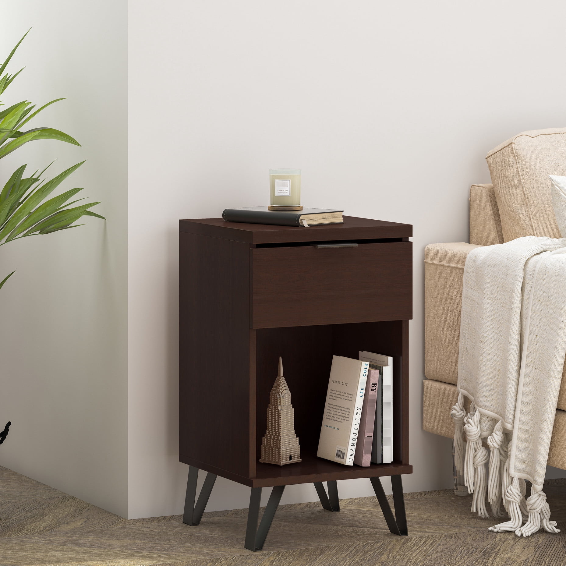 Cool Tall Nightstand With Storage, Walnut Finish Elegant 1 Drawer And ...