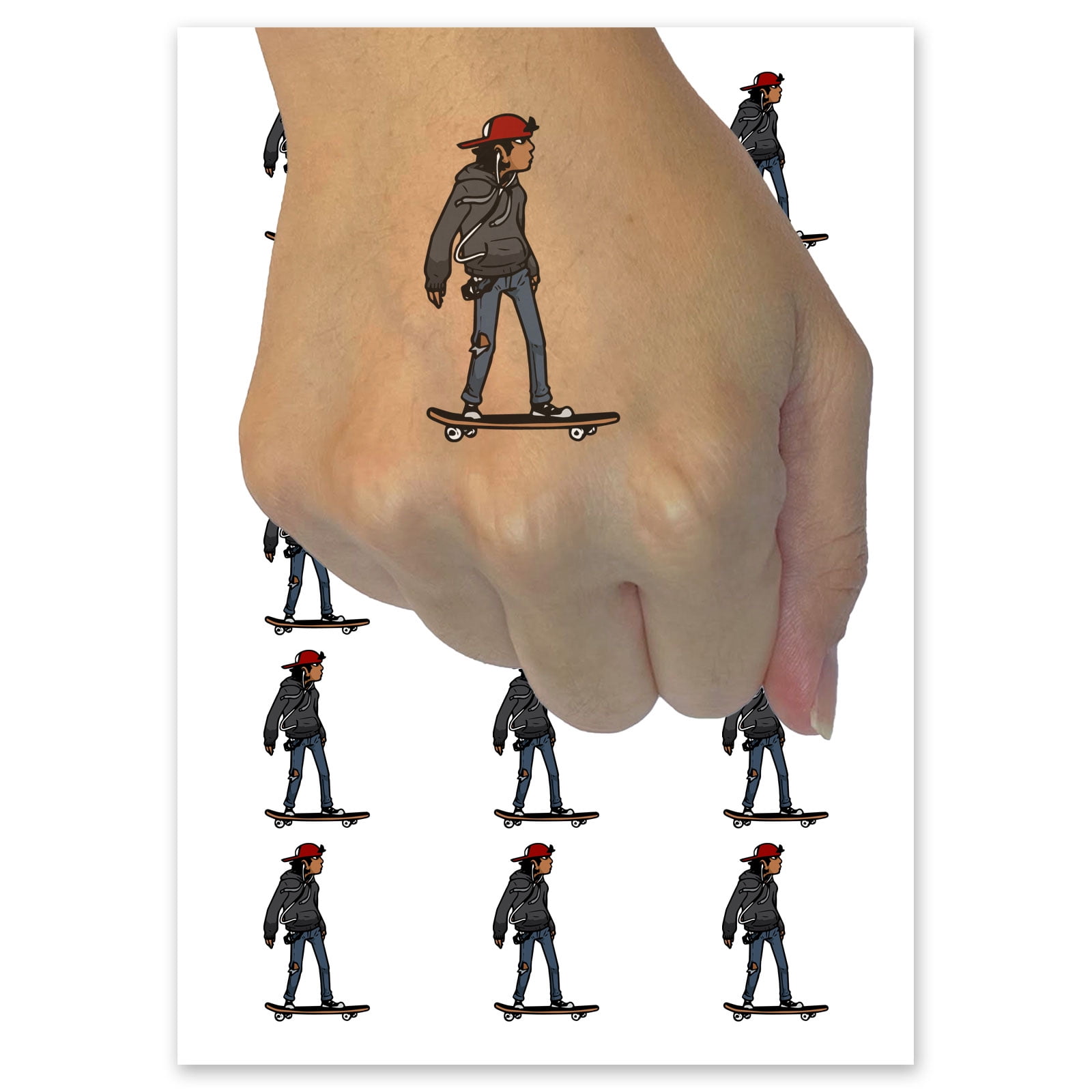 Cool Teenager on Skateboard Temporary Tattoo Water Resistant Fake Body ...