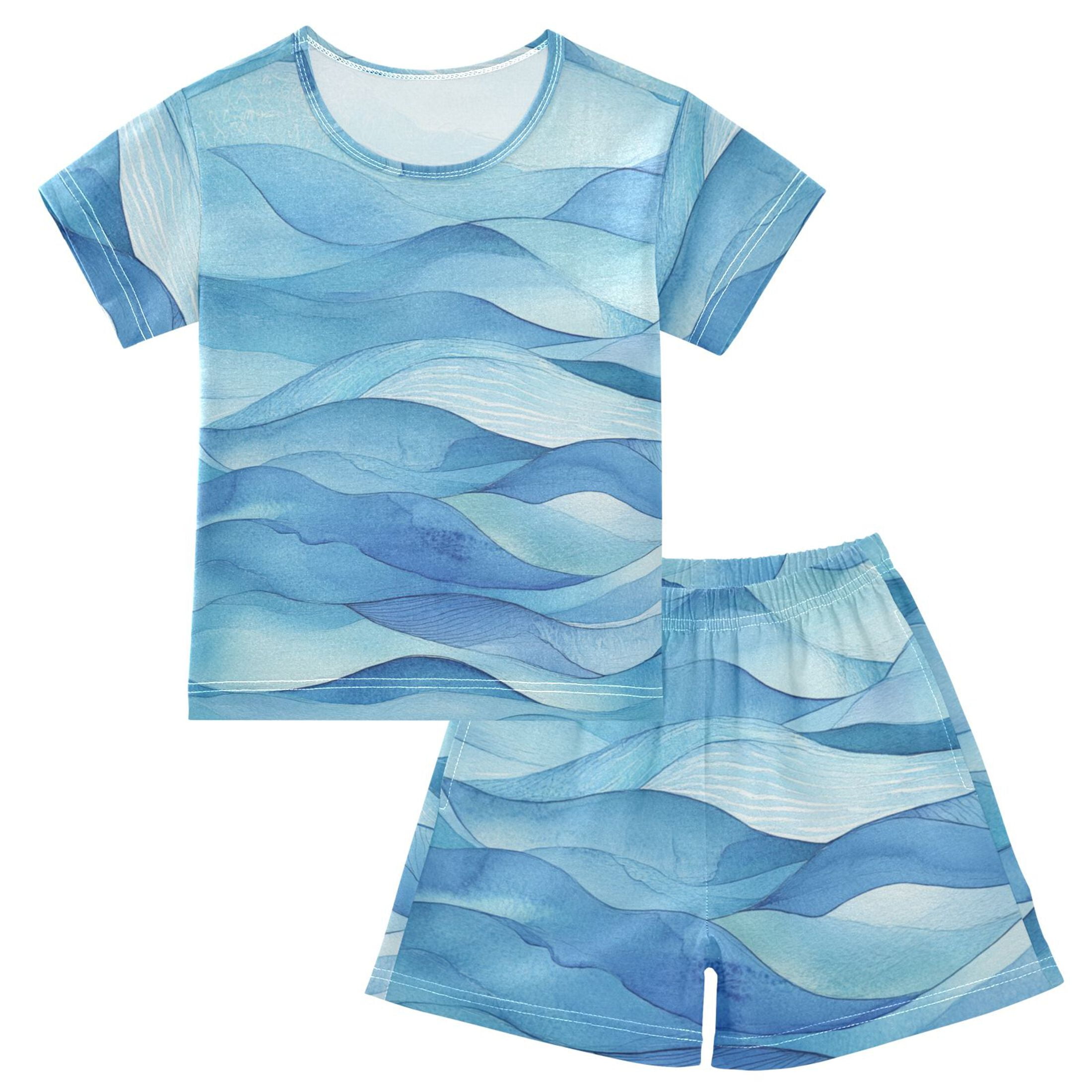 Cool Toned Waves Pattern Summer Pajama Set Soft Cotton Short Sleeve ...