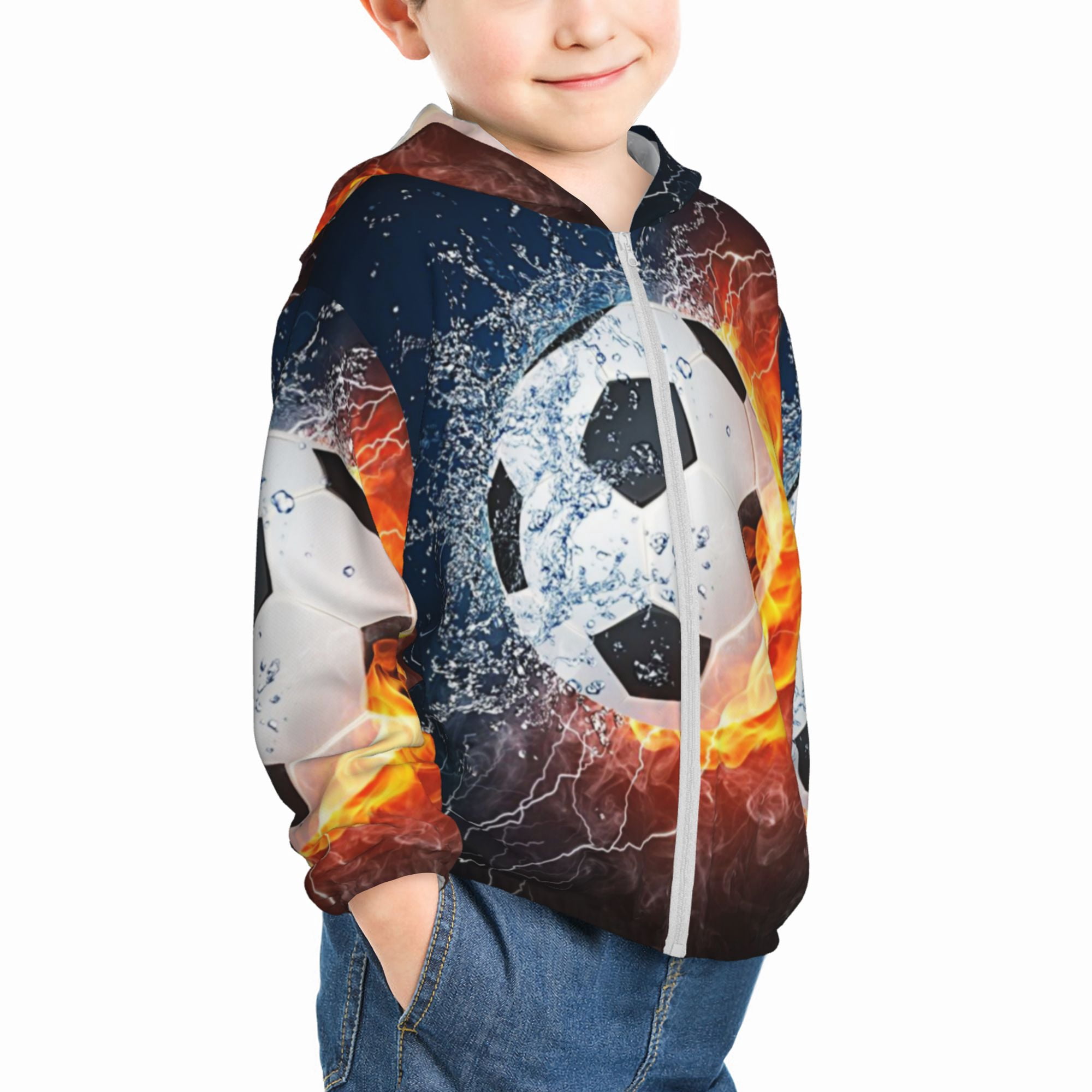 Cool Water Fire Soccer Football Kids Zip-Up Hoodie Girls Boys Sun ...