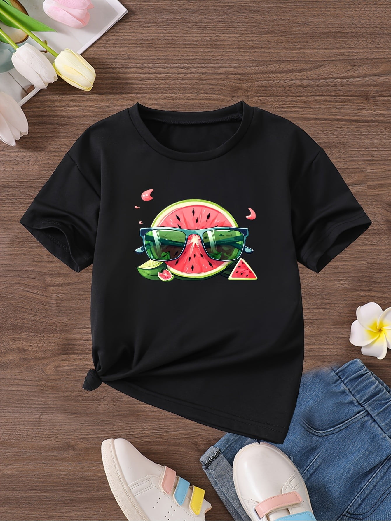 Cool Watermelon Print Short Sleeve T-shirt Girls Comfy Tees Summer ...