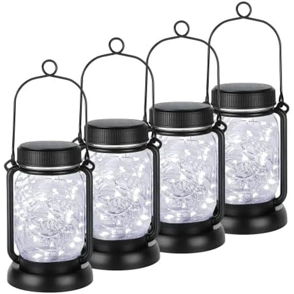 Cool White 4 Pack Solar Hanging Mason Jar Lights with Stakes ...