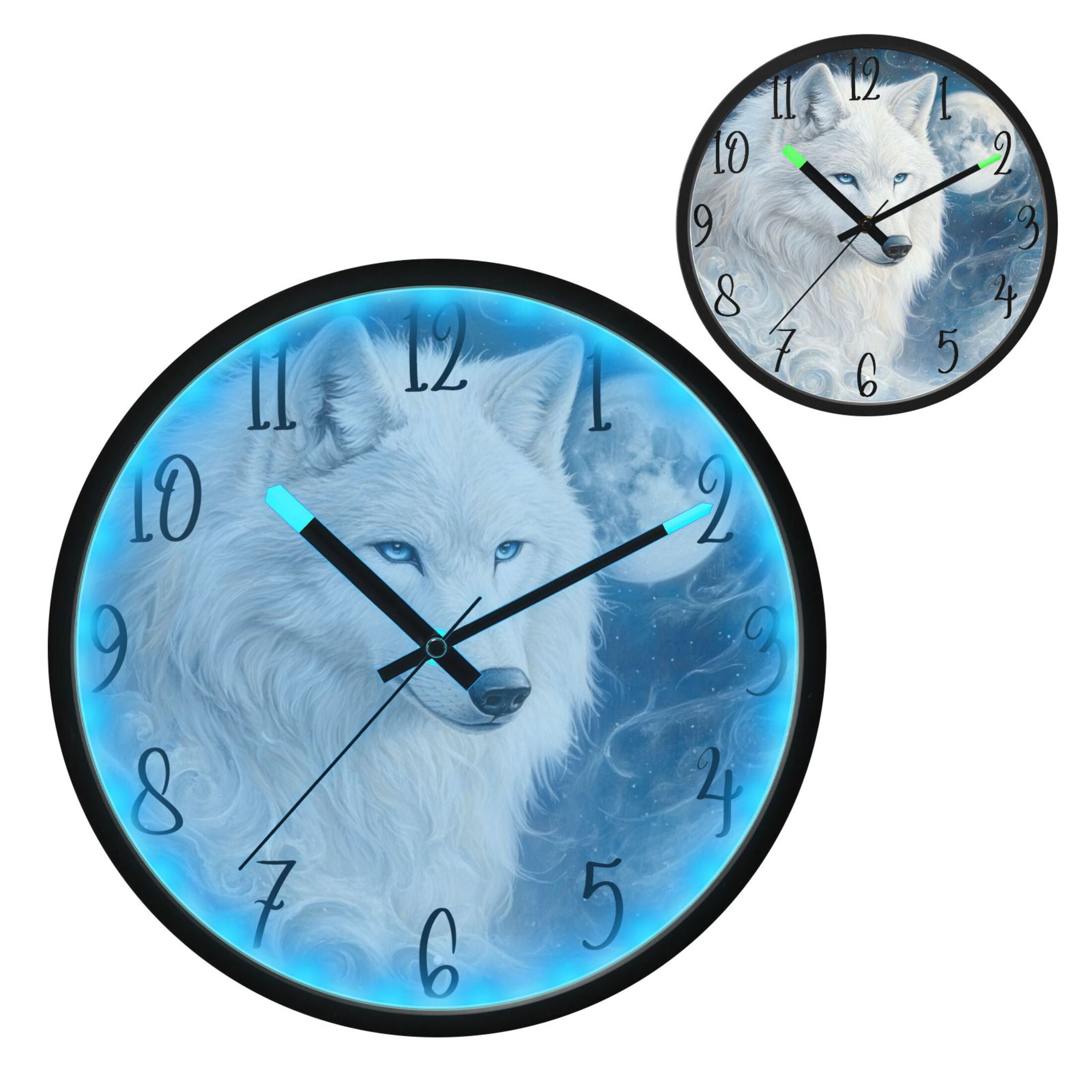 Cool White Wolf Luminous Wall Clock with Sound-Activated LED 12-Inch ...