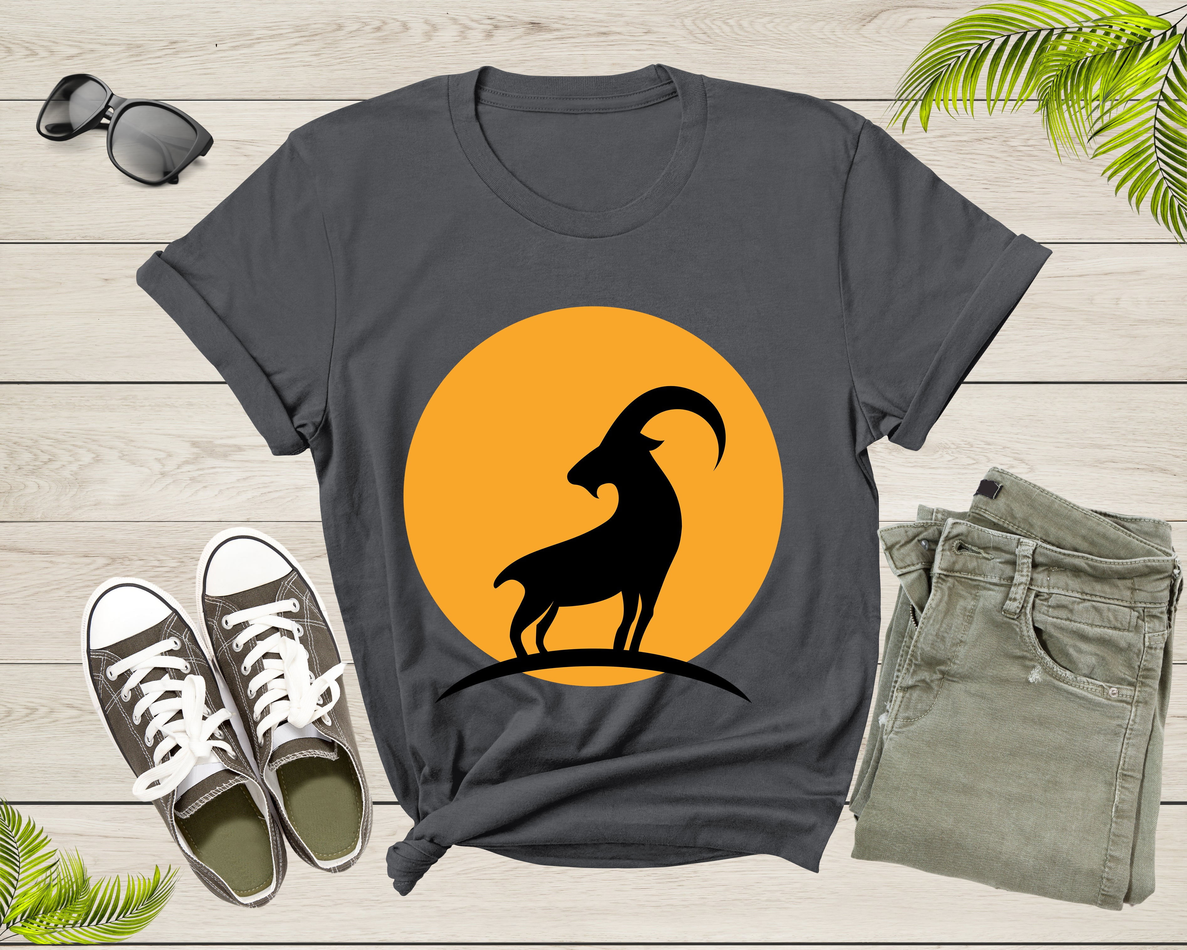 Cool Wild Goat Animal Horn Sunset Silhouette Capricorn T-Shirt Goat ...