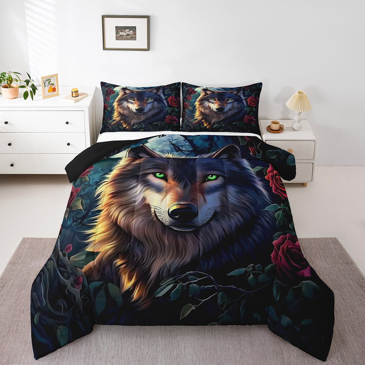 Cool Wolf Comforter Set 3D Animal Wolf Bedding Sets Queen Size Red Rose ...