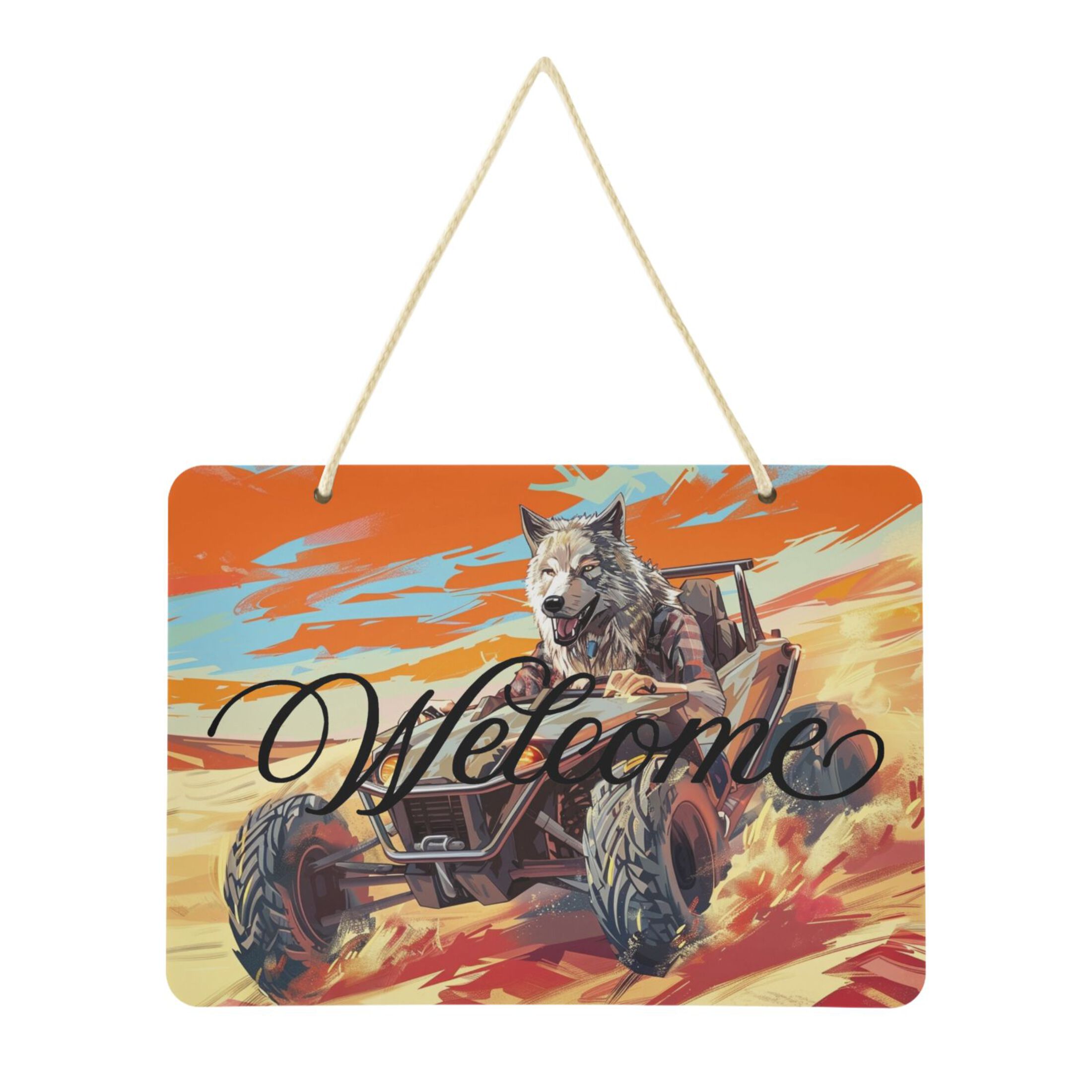 Cool Wolf Driving Car Welcome Sign Front Door PVC 14x10 inch Hanger ...