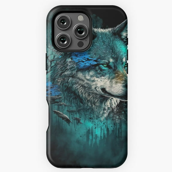 Cool Wolf Portrait Teal Blue Glow Phone Case for iPhone 16 15 14 13 12 ...