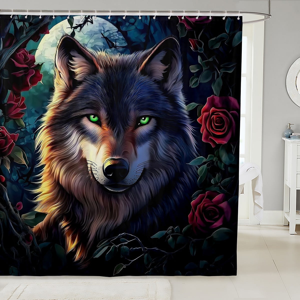 Cool Wolf Shower Curtain 3D Animal Wolf Bath Curtain Red Rose Floral ...