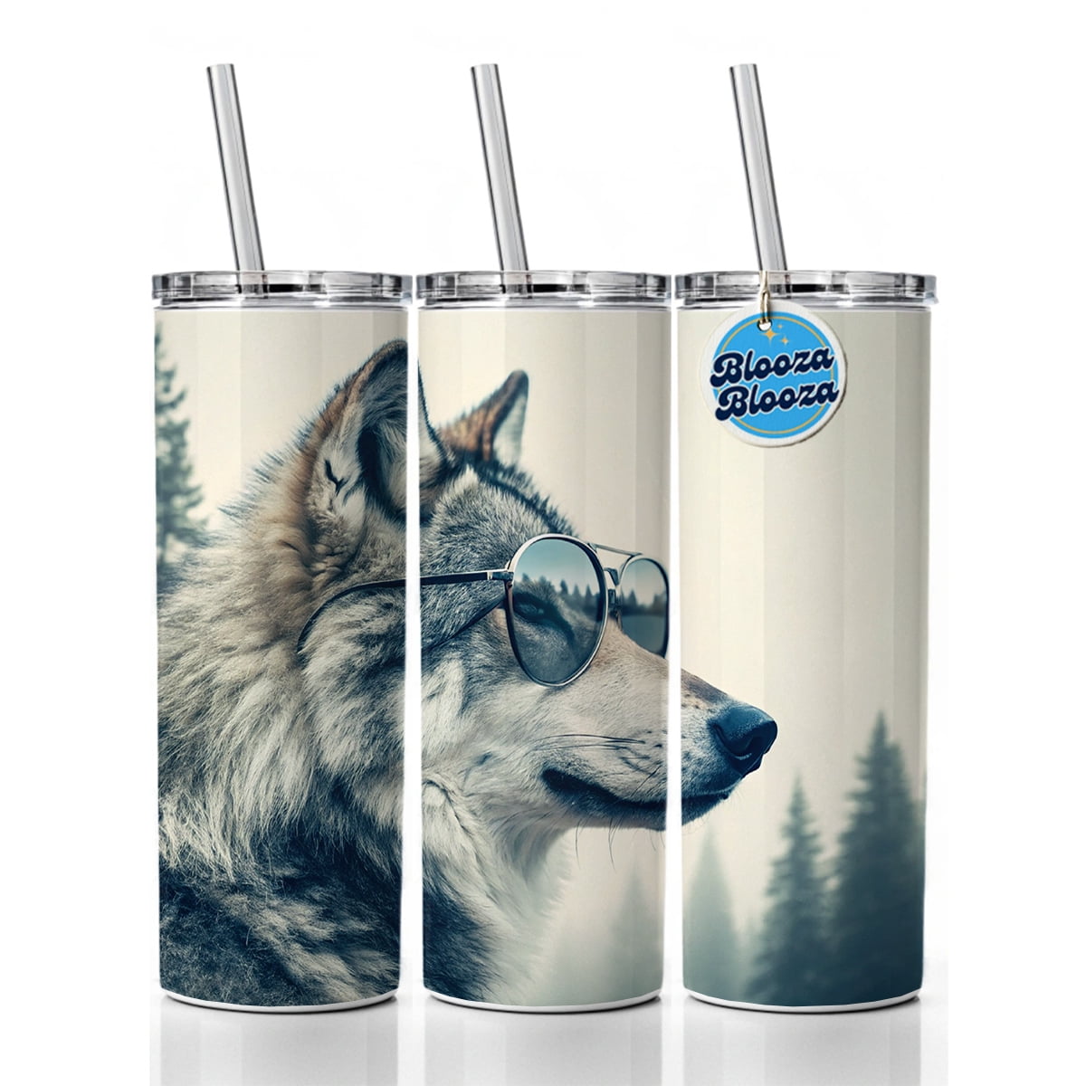 Cool Wolf Wearing Misty Woods 20oz Insulated Water Bottle Skinny ...