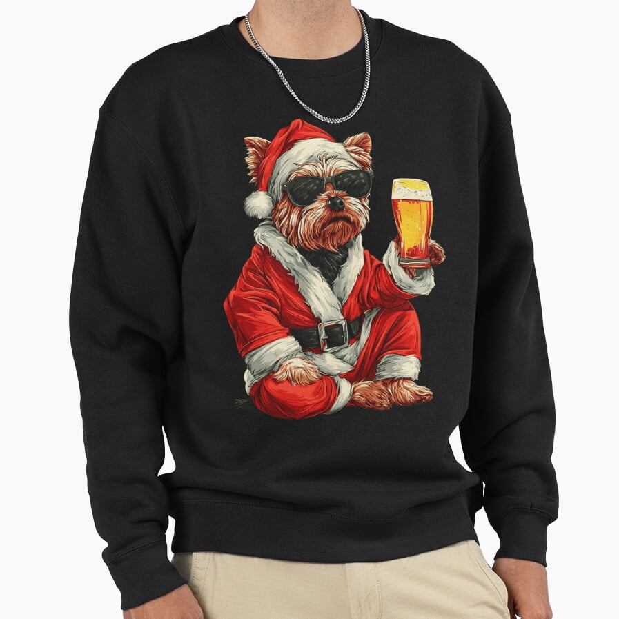 Cool Yorkie St. Nick Dog Beer Christmas Graphic Unisex Sweatshirt Retro ...