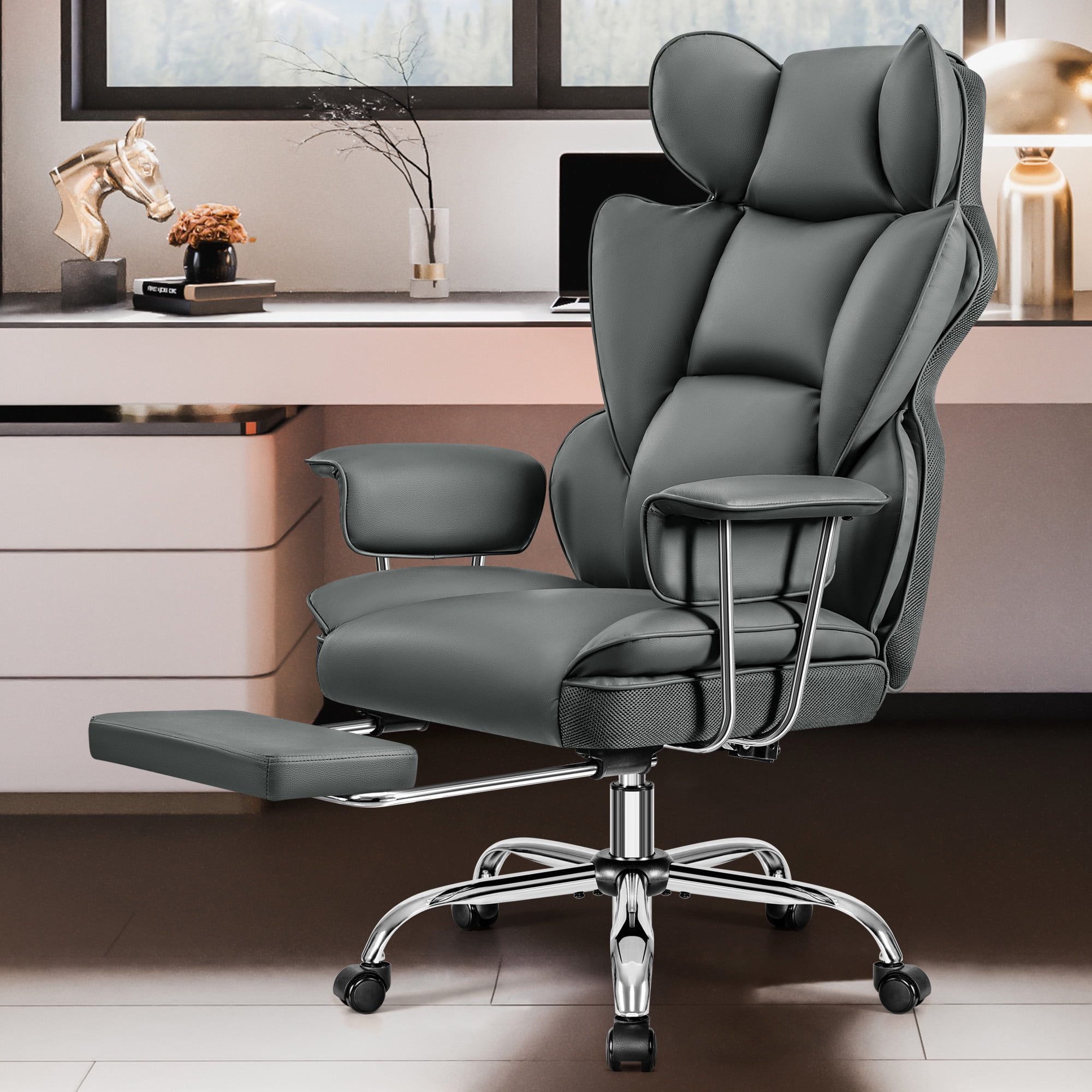 Coolhut Big and Tall Office Chair, PU Leather Gray Desk Chair with ...