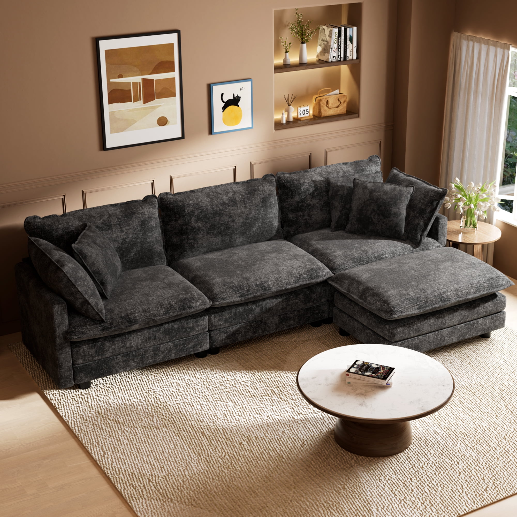 CoolHut Sectional L-Shaped Sofa Couch with 1 Ottoman, 3 Seats Sofa with ...