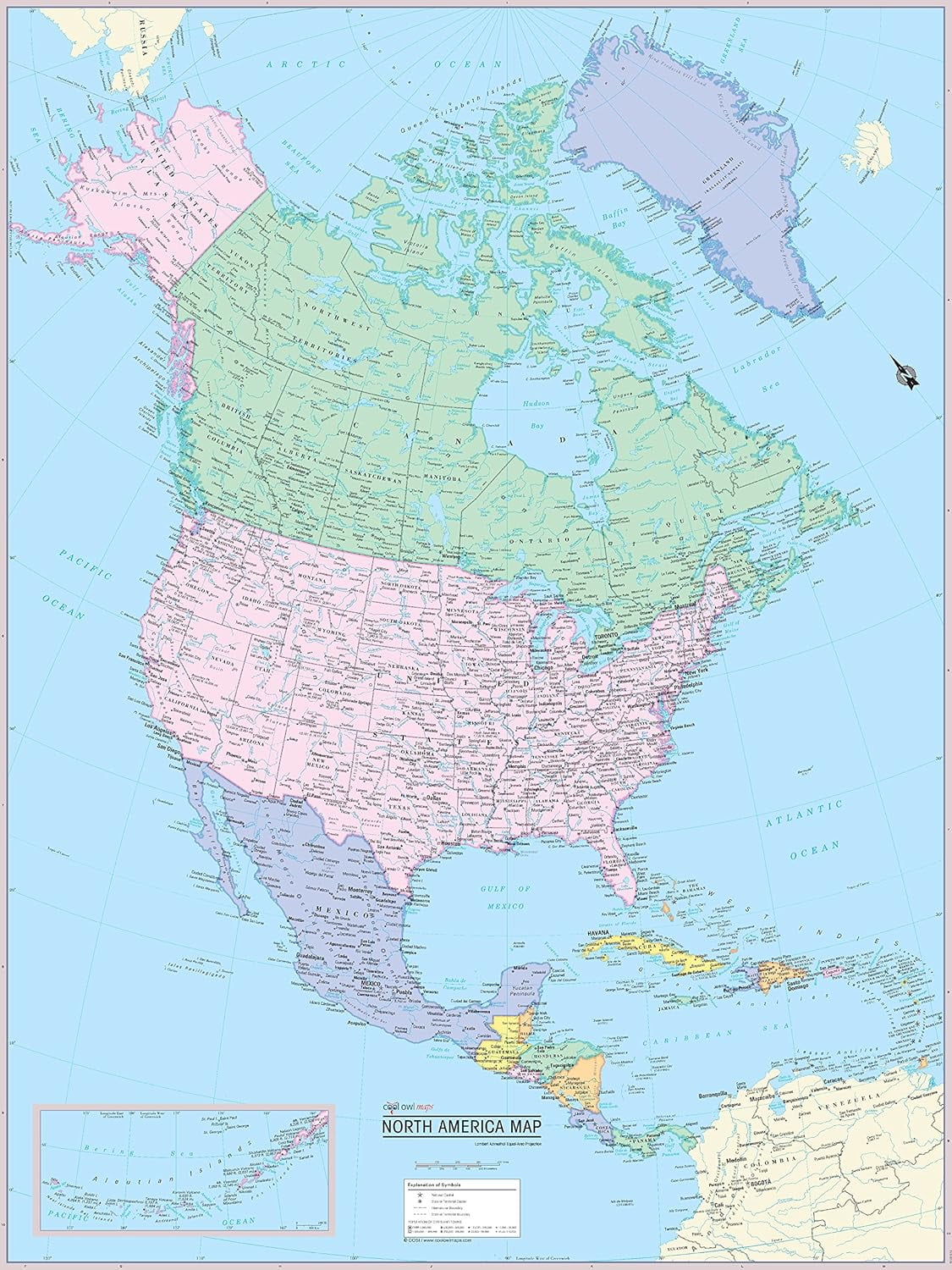 CoolOwlMaps North America Continent Wall Map - Rolled Paper (30x40 ...