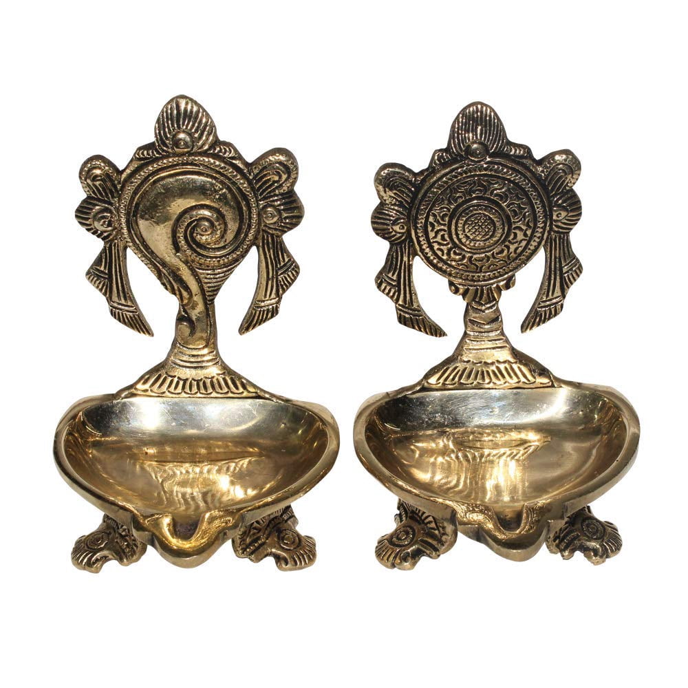 Coolboss Brass Shankha Chakra Villaku (2 Pack) Shankh and Chakra Deepam ...