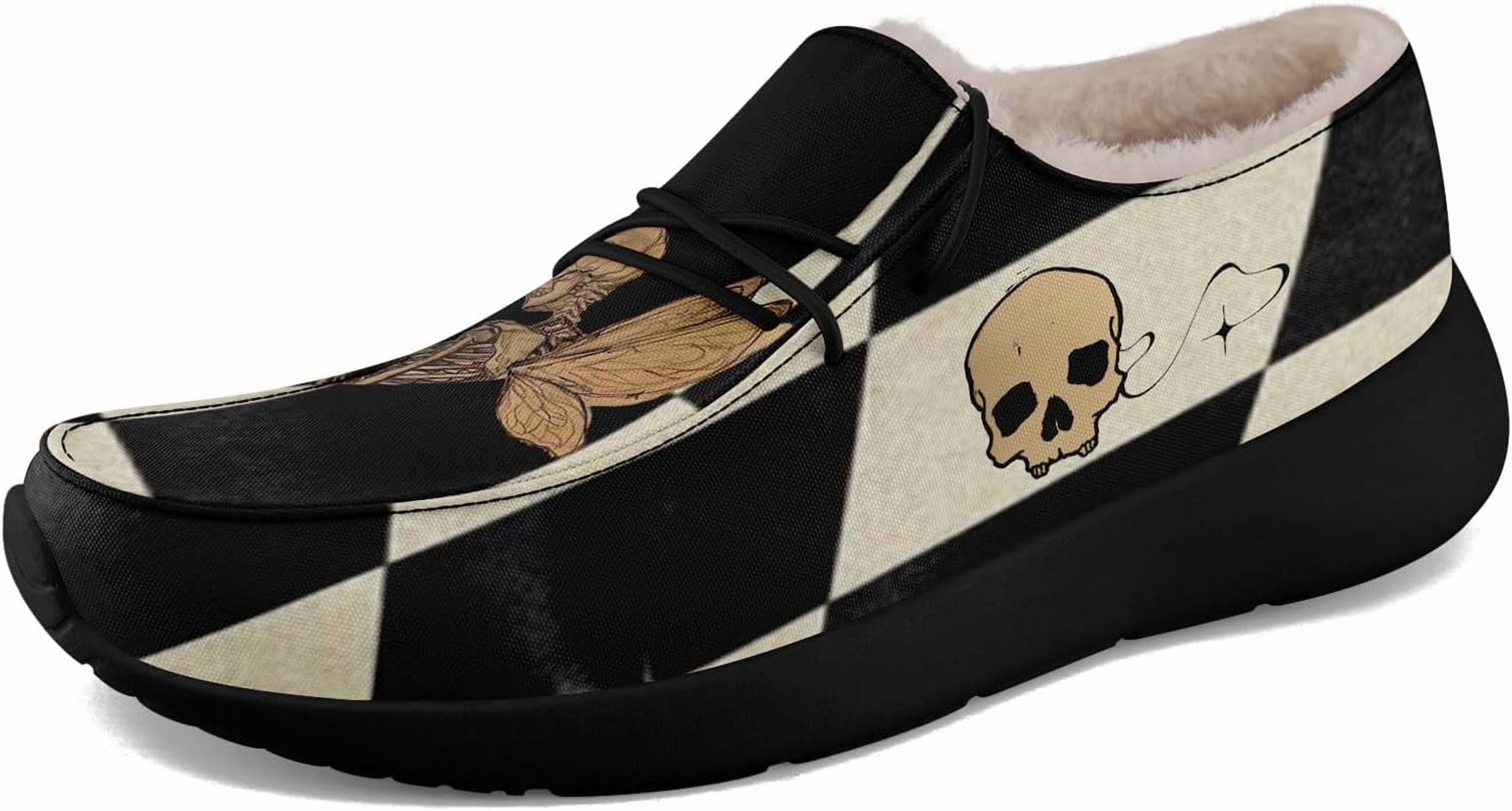 Coolcustomize Men's Gothic Casual Loafers, Skull Canvas Fur Lined Slip ...