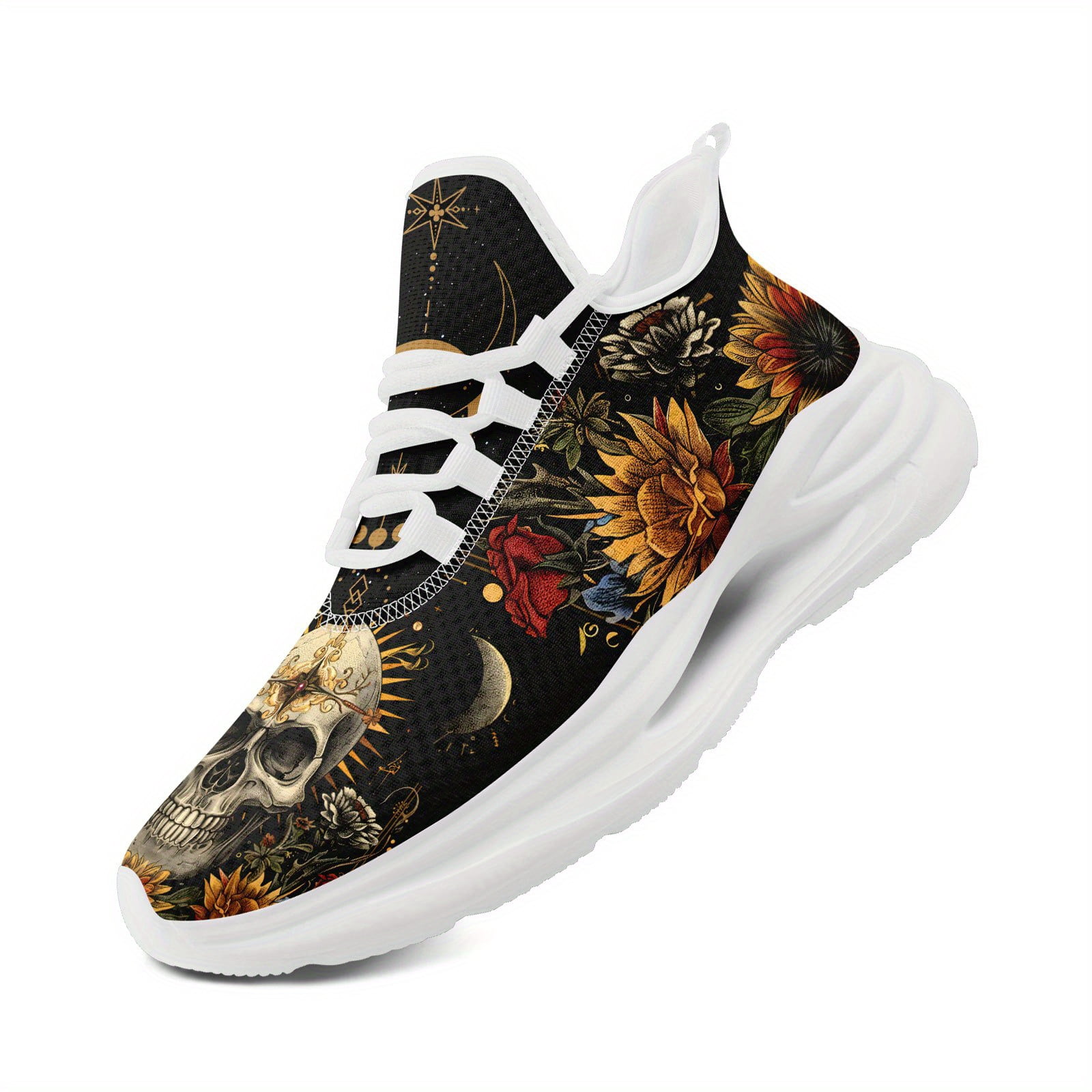 Coolcustomize Men's Gothic Floral Print Sneakers - Skull & Sunflower Design, Black with Vibrant ...