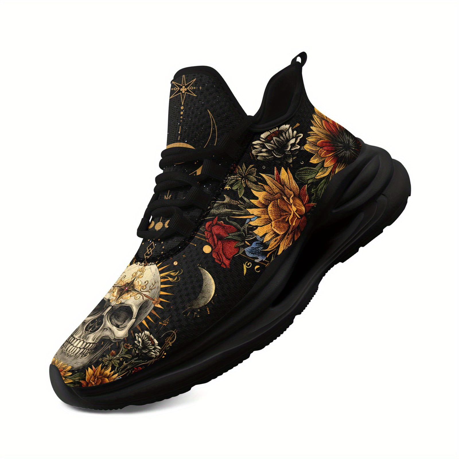 Coolcustomize Men's Gothic Floral Print Sneakers - Skull & Sunflower Design, Black with Vibrant ...