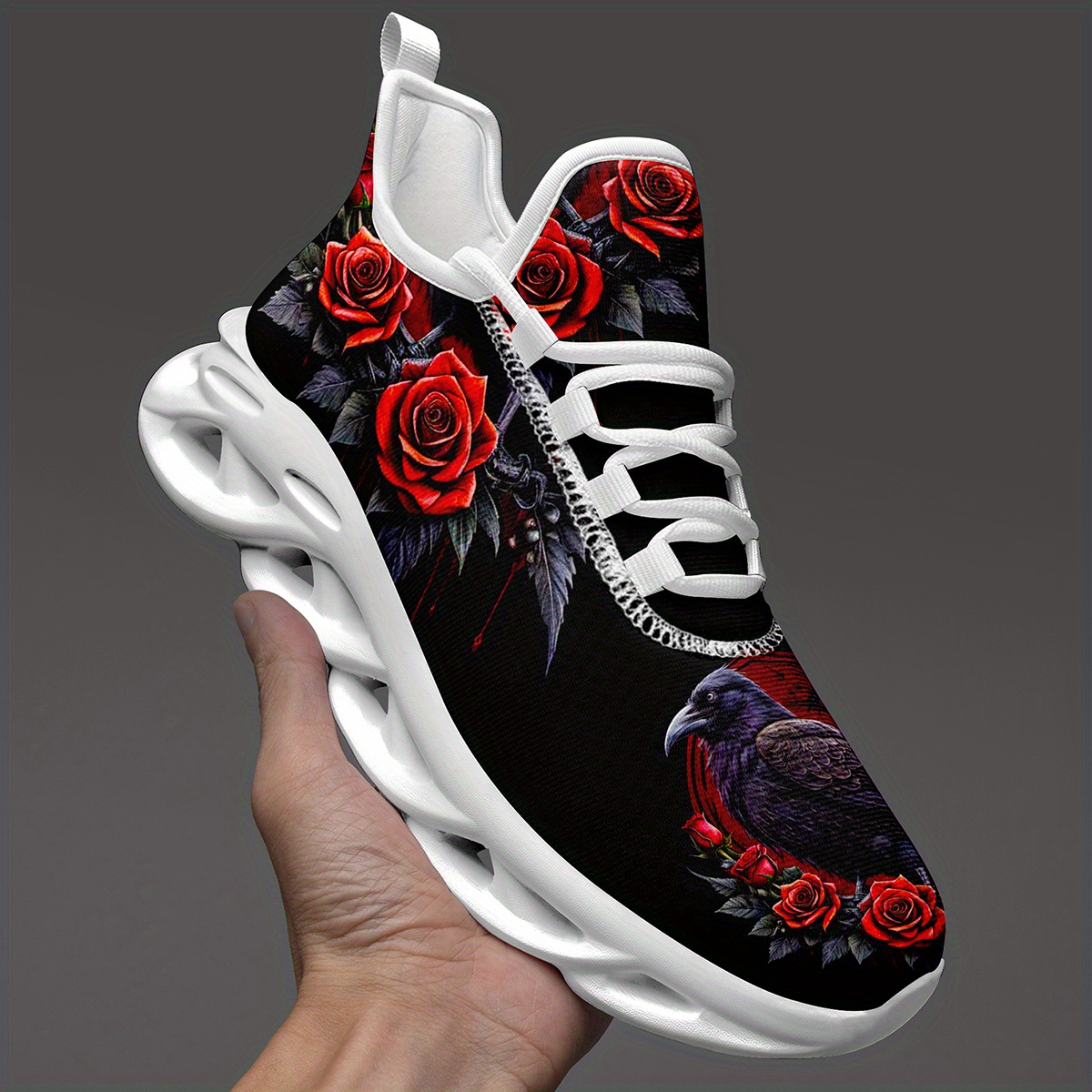 Coolcustomize Men's Gothic Punk Sneakers - Black with Red Roses & Raven ...