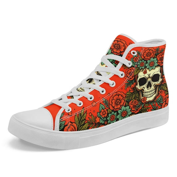 Coolcustomize Men's Plus Size High-Top Sneakers with Skull & Red Flower ...