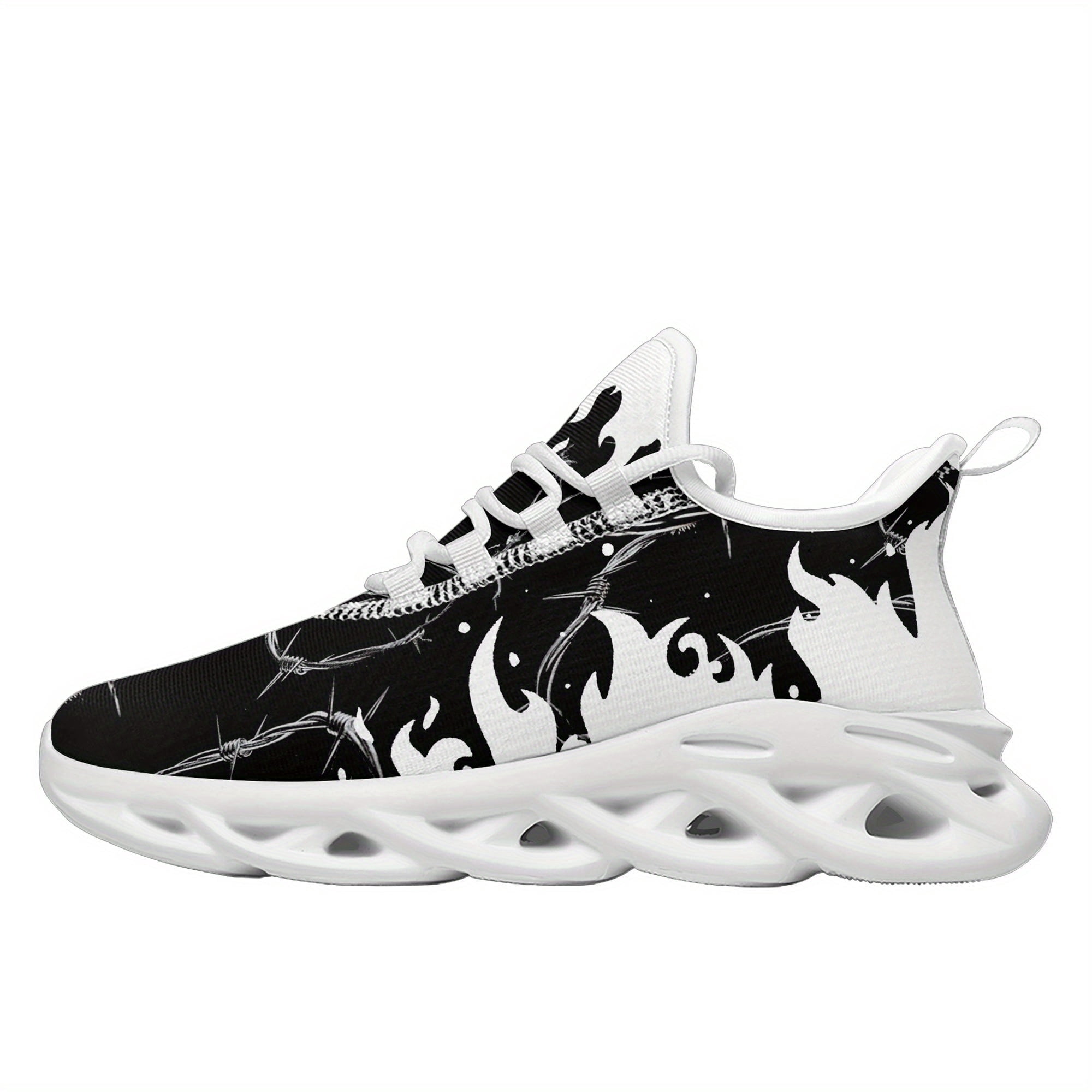 Coolcustomize Men's Plus Size Punk Style Sneakers - Black & White Flame ...