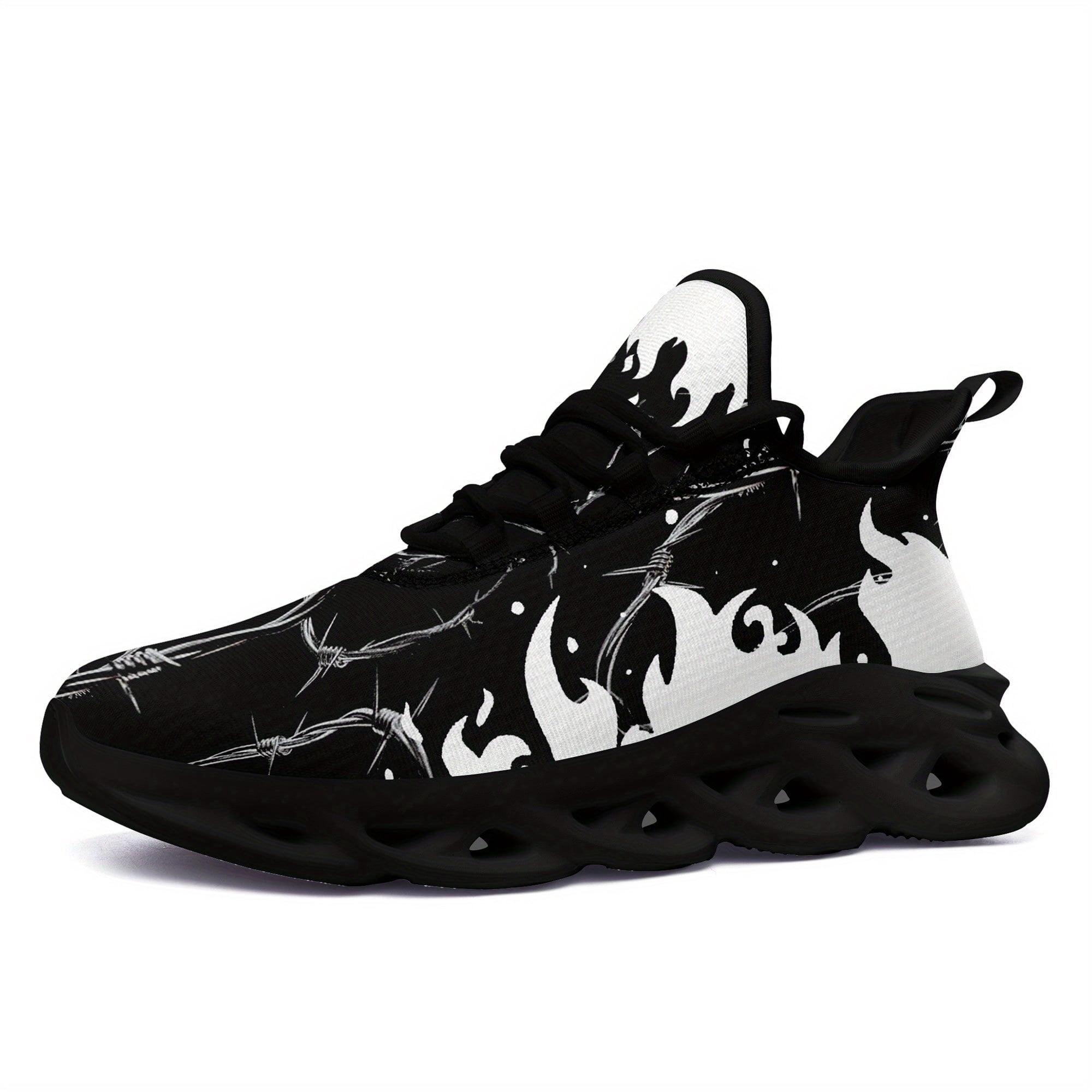 Coolcustomize Men's Plus Size Punk Style Sneakers - Black & White Flame ...