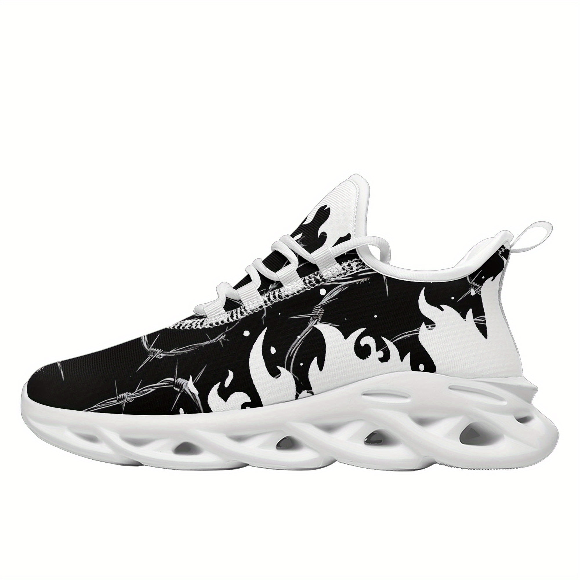 Coolcustomize Men's Plus Size Punk Style Sneakers - Black & White Flame ...