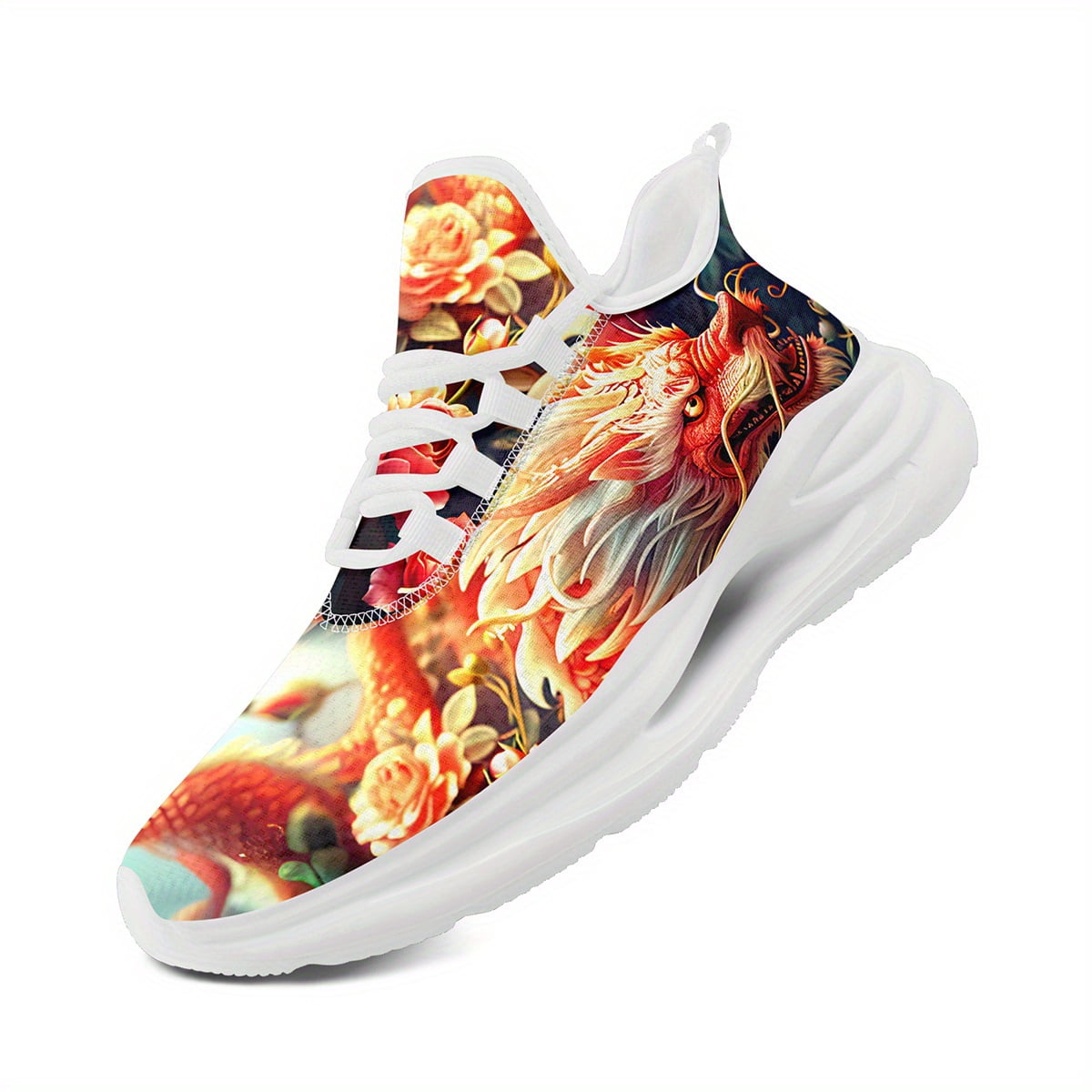 Coolcustomize Plus Size Unique Dragon Print Sneakers for Men, Red/White ...