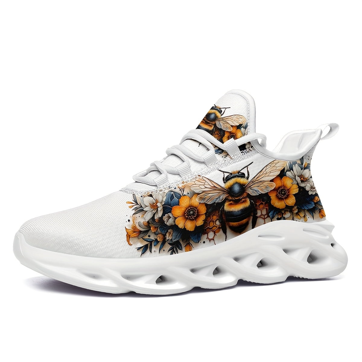 Coolcustomize Women's Lace-Up Sneakers with Bee & Floral Pattern ...