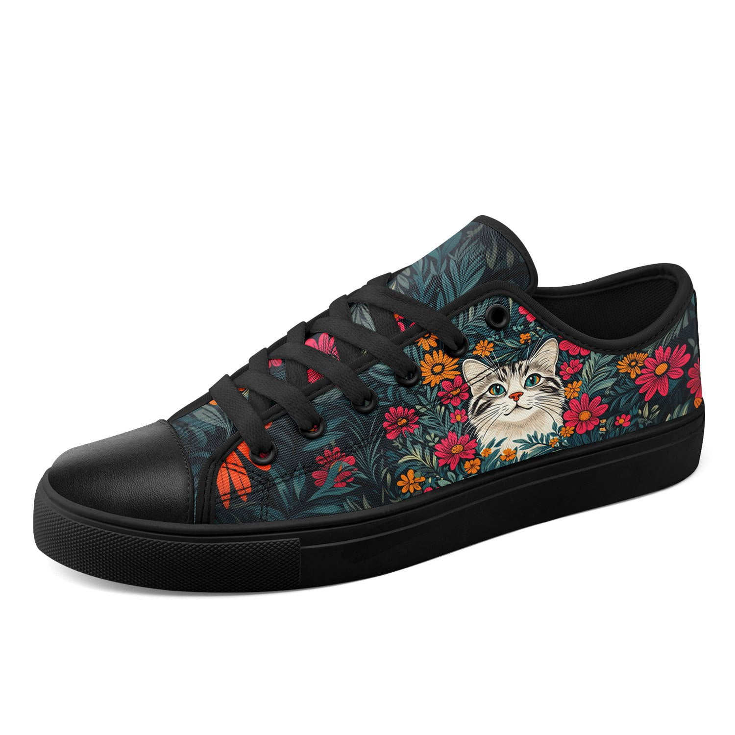 Coolcustomize Women's Plus Size Dark Flower & Cat Print Sneakers ...